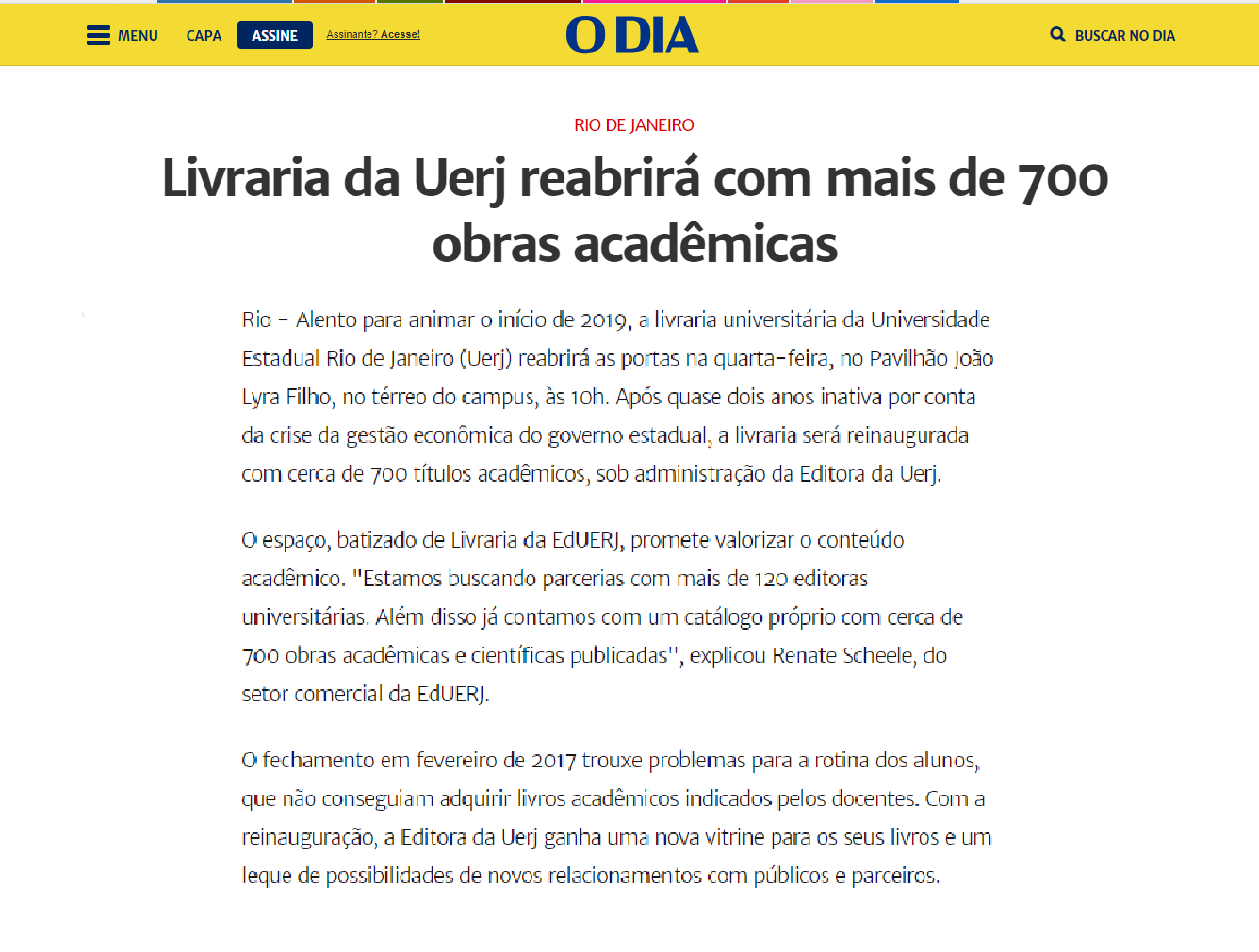Livraria da EdUERJ é matéria no jornal O Dia | EdUERJ - Editora da Universidade do Estado do Rio ...