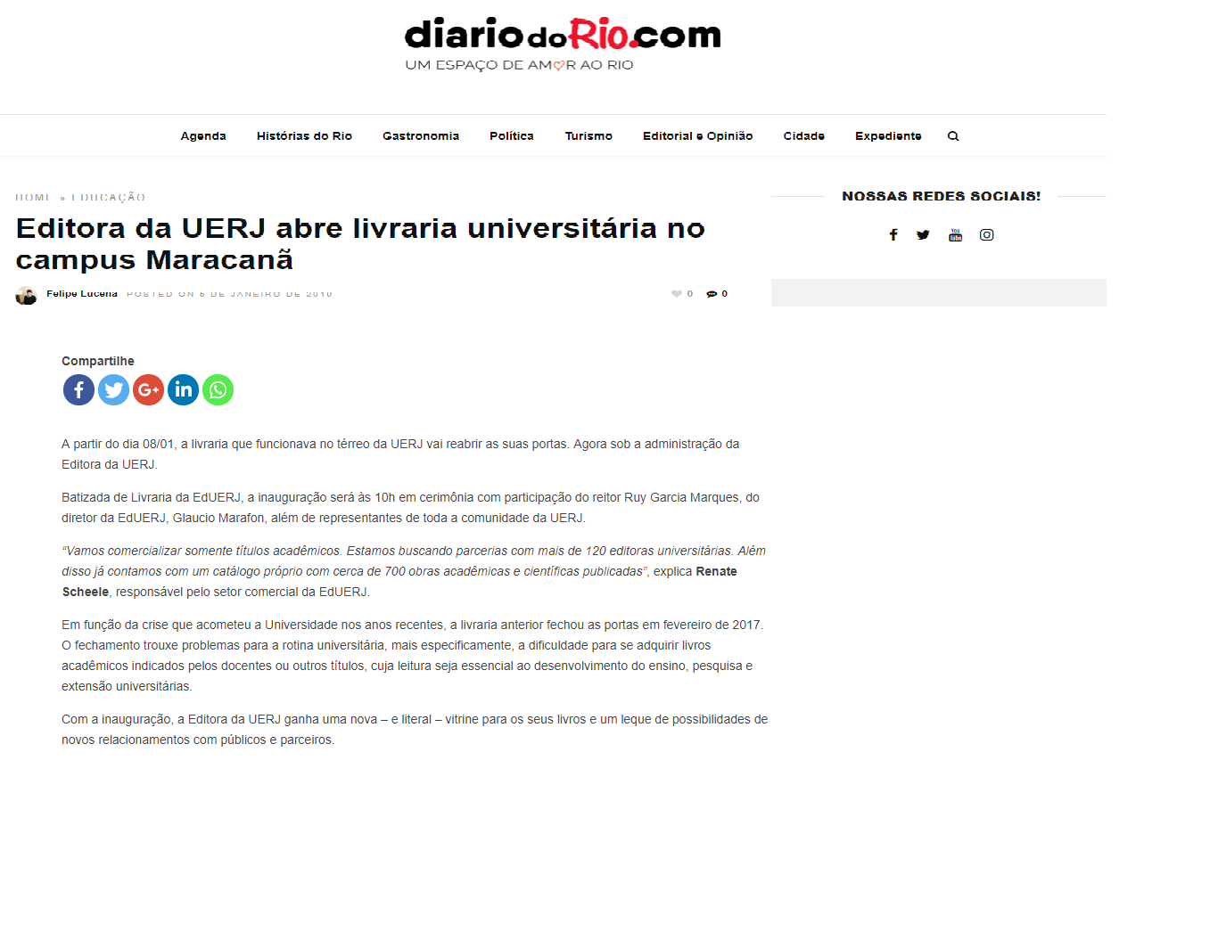 Confira a postagem que o Diário do Rio fez sobre a livraria da EdUERJ | EdUERJ - Editora da ...